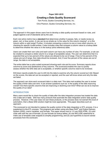 Pdf Creating A Data Quality Scorecard Sas Support · 2015 04 24