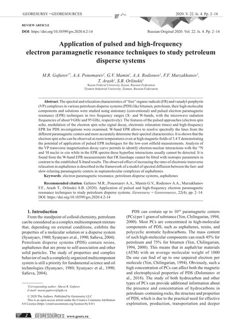 Pdf Application Of Pulsed And High Frequency Electron Paramagnetic Resonance Techniques To