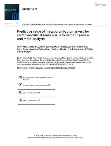 Pdf Predictive Value Of Metabolomic Biomarkers For Cardiovascular Disease Risk A Systematic