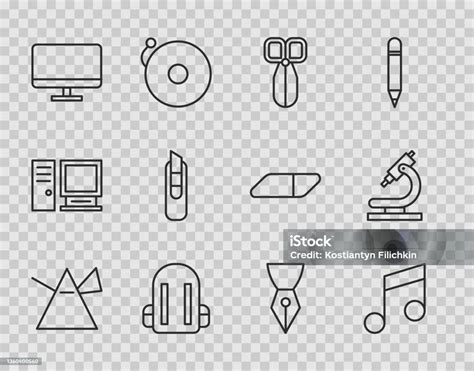 프리즘 음악 노트 톤 가위 학교 배낭 컴퓨터 모니터 화면 문구 칼 만년필 펜촉 및 현미경 아이콘에 라인 광선을 설정합니다 벡터 가방에 대한 스톡 벡터 아트 및 기타 이미지