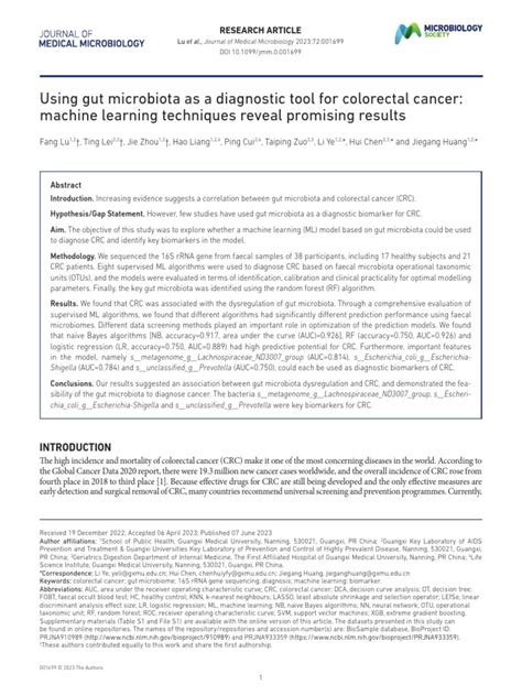Using Gut Microbiota As A Diagnostic Tool For Colorectal Cancer Machine Learning Techniques
