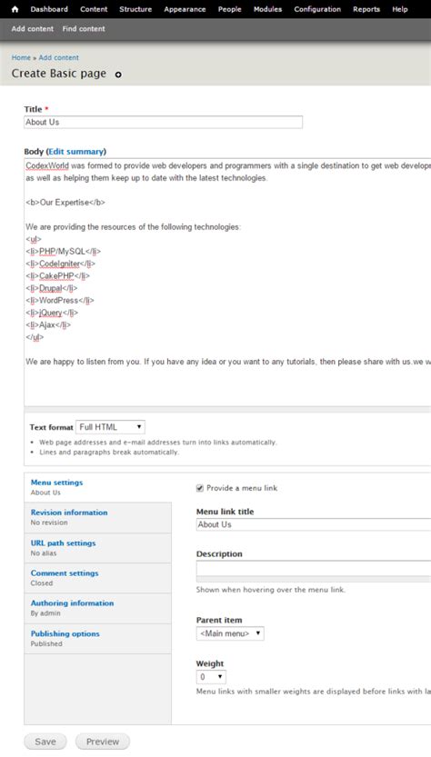 Add Page Content And Menu In Drupal 7 Codexworld