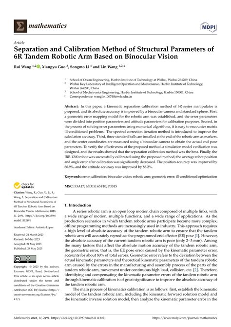 Pdf Separation And Calibration Method Of Structural Parameters Of 6r Tandem Robotic Arm Based