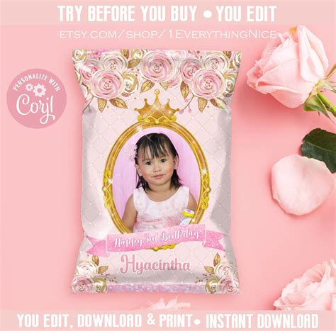 Princess Editable Digital Instant Download Pink Flowers And Gold Royal