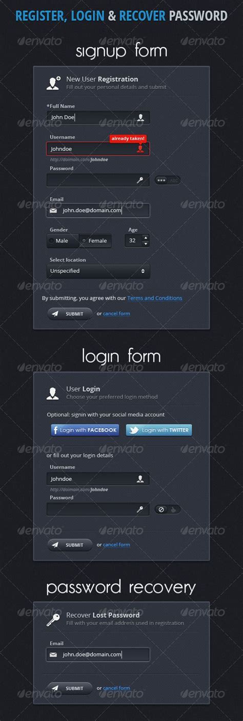 Register And Login And Recover Password Boxes Login Form Recover