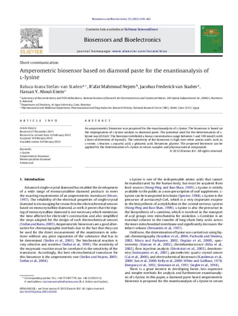 Pdf Amperometric Biosensor Based On Diamond Paste For The Enantioanalysis Of L Lysine
