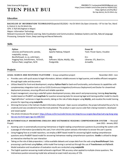 Bui Tien Phat Resume Pdf Apache Spark Machine Learning