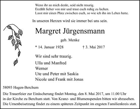 Traueranzeigen Von Margret Jürgensmann Trauer In Nrwde