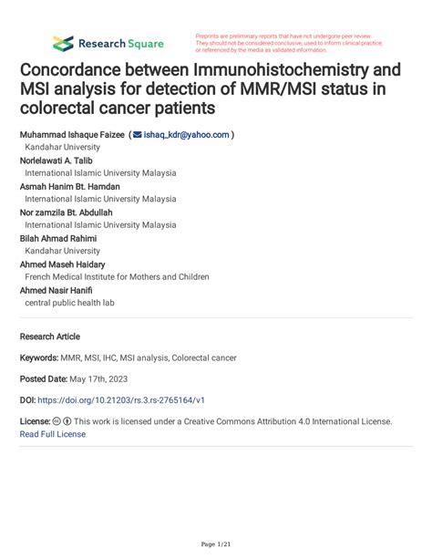 Pdf Concordance Between Immunohistochemistry And Msi Analysis For Detection Of Mmrmsi Status