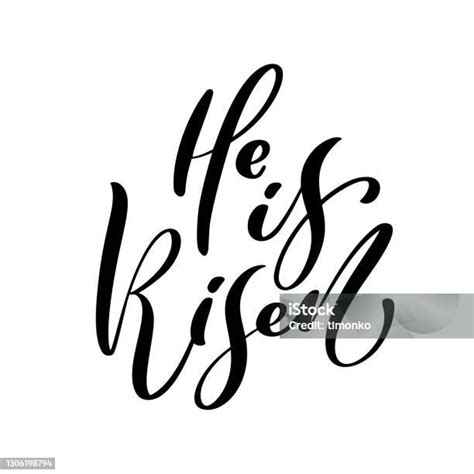 손으로 그린 그는 부활 부활절 서예 문자 벡터 텍스트입니다 그리스도 일러스트 인사말 카드 인쇄 문구 수제 인용 분리 화이트 배경