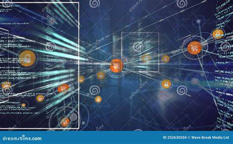 Animation Of Programming Data In Loop And Moving Lock And Shopping Cart Icons Connecting With