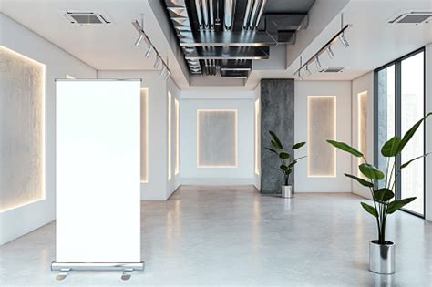 조명이 켜진 프레임 콘크리트와 흰색 광고 개념이 있는 현대적인 갤러리 공간 내부의 빈 롤업 배너 3d 렌더링 0명에 대한 스톡 사진 및 기타 이미지 Istock