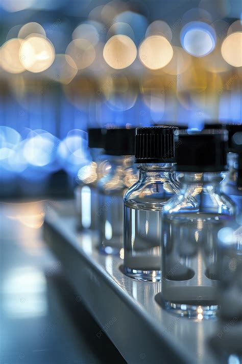 A Series Of Tiny Glass Bottles In Scientific Setting With Black Lids And Background Blue Blur