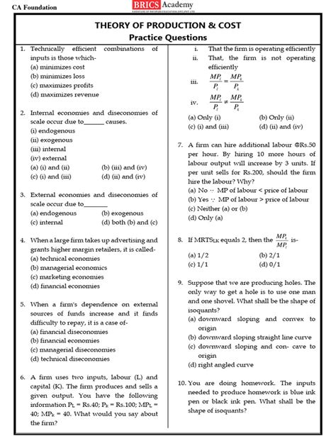 10 06 2023 Theory Of Production And Cost Mcq Paper 2 Pdf Production Function Long Run And