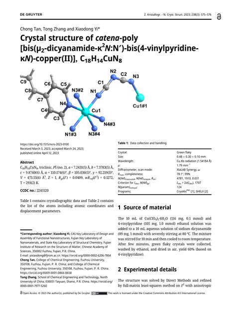 Pdf Crystal Structure Of Catena Poly Bisμ2 Dicyanamide κ Nn′ Bis4
