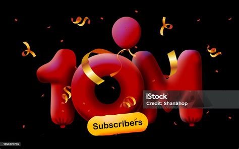 10m 추종자와 배너 양식 3d 빨간 풍선과 다채로운 색종이에 감사드립니다 소셜 미디어에 대한 벡터 일러스트 3d 번호 1000000 팔로워 감사 구독자를 축하 블로거