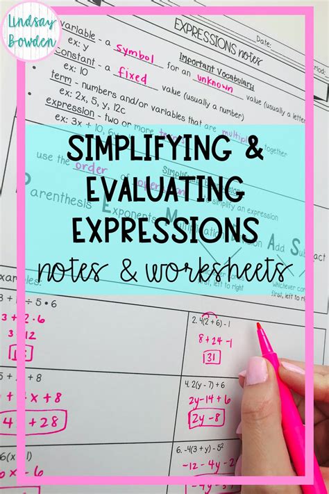 Simplifying And Evaluating Expressions Notes And Worksheets Evaluating Expressions