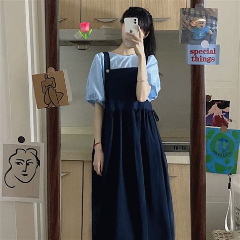무료배송 당일출고 봄 여름 썸머 반팔 퍼프 레이어드 멜빵 오버핏 A라인 미디 롱 반팔 원피스 파랑 파란 블루 흠뻑쇼 투피스 바캉스 휴양지룩 데일리