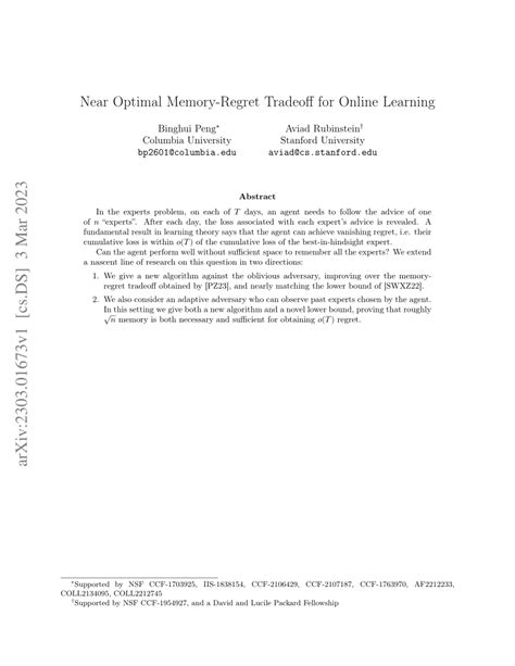Pdf Near Optimal Memory Regret Tradeoff For Online Learning