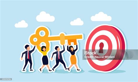 사업가들이 힘을 합쳐 열쇠를 들어 올려 타겟 보드의 열쇠 구멍에 겨누는 모습은 비즈니스 목표를 달성하기 위한 해결책을 찾는