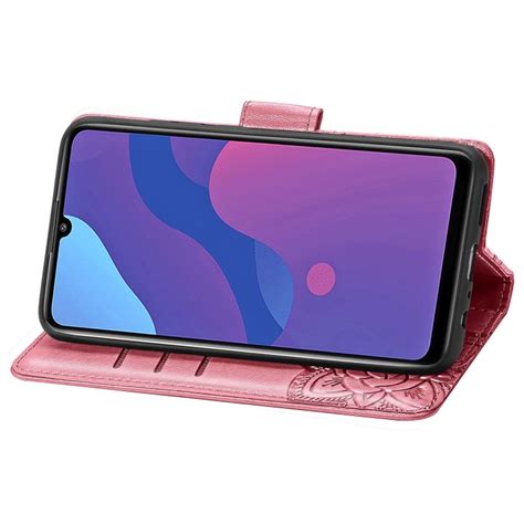 화웨이 명예 9a 나비 사랑 꽃 양각 수평 플립 가죽 케이스 포함 브라켓 카드 슬롯 지갑 매는 밧줄 핑크의 경우