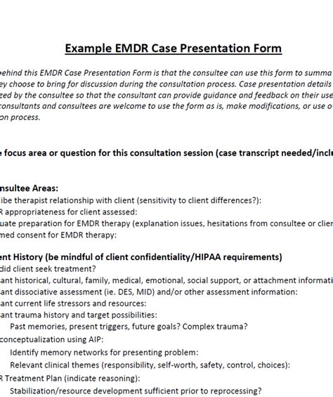 Example Emdr Case Presentation Form Emdr International Association