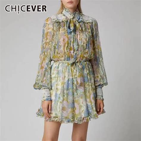 Chicever повседневное Сетчатое платье с принтом в стиле пэчворк для женщин водолазка фонарь