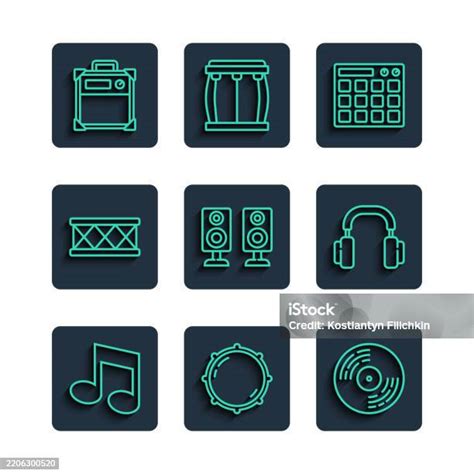 라인 음악 음표 음색 다이얼 노브 레벨 비닐 디스크 드럼 머신 스테레오 스피커 기타 앰프 및 헤드폰 아이콘을 설정합니다 벡터 그림자에 대한 스톡 벡터 아트 및 기타 이미지
