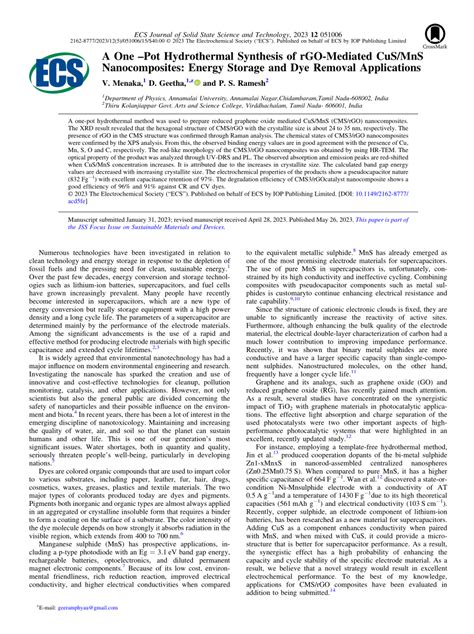 A One Pot Hydrothermal Synthesis Of Rgo Mediated Cusmns
