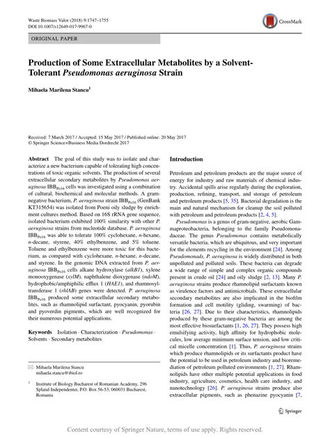 Production Of Some Extracellular Metabolites By A Solvent Tolerant Pseudomonas Aeruginosa Strain