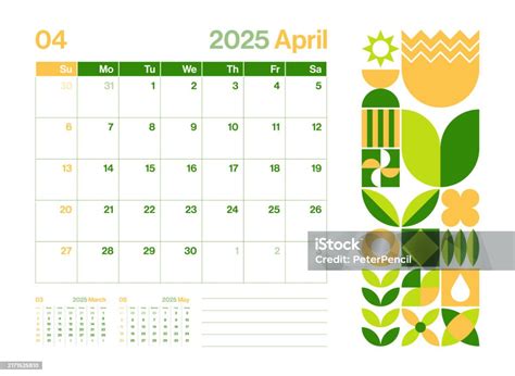 2025 년 4 월 달력 플래너 2025 년 추상 기하학적 바우 하우스 모양 스타일 컬러 캘린더 미국 그리드 일요일부터 주 시작 벡터 컬러 아트 디자인 2025년에 대한