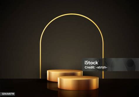 기하학적 모양의 최소 검정 장면 원통형 골드와 검은 색 배경에 검은 연단 화장품 을 표시하기위한 3d 단계 무대에 대한 스톡 벡터 아트 및 기타 이미지 Istock