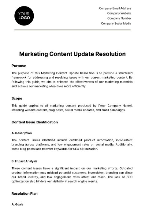 Free Marketing Content Update Resolution Template To Edit Online