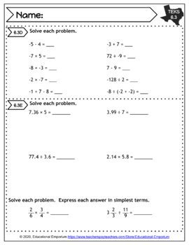 TEKS Test Number Operations Add Subtract Multiply Divide