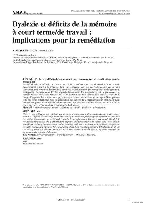 PDF Dyslexia And Short Memory Working Memory Deficits Involvement For Remediation