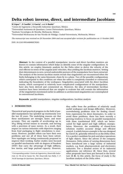 Pdf Delta Robot Inverse Direct And Intermediate Jacobians