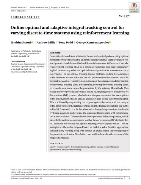 Pdf Online Optimal And Adaptive Integral Tracking Control For Varying Discrete‐time Systems