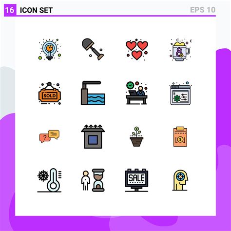 Modern Set Of 16 Flat Color Filled Lines Pictograph Of Real Tea Heart Hot Coffee Editable