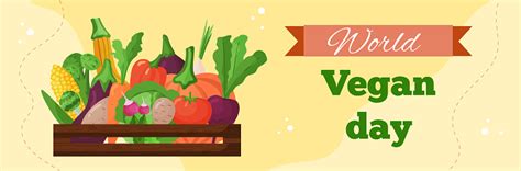벡터 수평 템플릿 배너 세계 비건 채식의 날 유기농 식품과 건강한 식단의 야채로 인사말 카드 일러스트레이션 이벤트 및 소셜 미디어 전단지 11월에 대한 스톡 벡터 아트 및