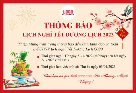 Thông báo lịch nghỉ tết mẫu hoa đào với logo