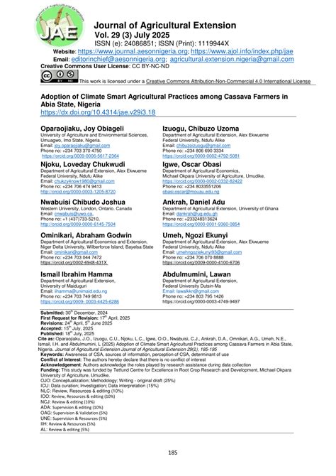 Pdf Adoption Of Climate Smart Agricultural Practices Among Cassava Farmers In Abia State