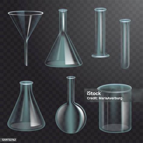 사실적인 화학 플라스크 세트 투명 빈 깔때기 전구 병 테스트 튜브 필터 어두운 투명 배경 사실적인 3d 벡터 일러스트레이션 3차원 형태에 대한 스톡 벡터 아트 및 기타