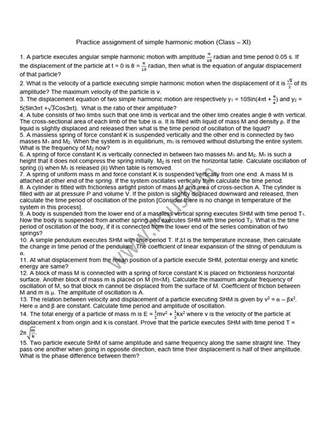 Practice Assignment Shm Class Xi Pdf Physical Sciences Motion