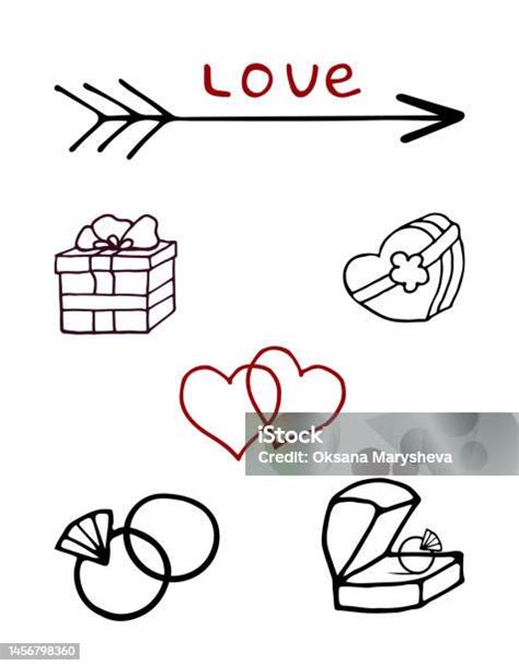 발렌타인 데이 라인 아트 스타일을위한 낙서 세트 요소 벡터 그림입니다 아이콘과 비문 가리기에 대한 스톡 벡터 아트 및 기타