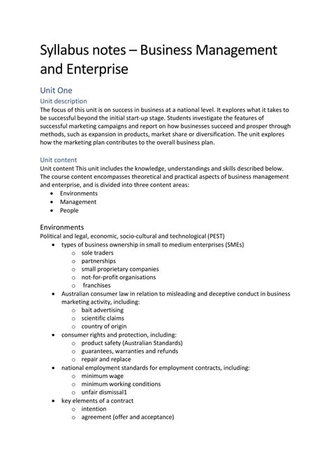 unit 1 syllabus notes business management and enterprise year 11