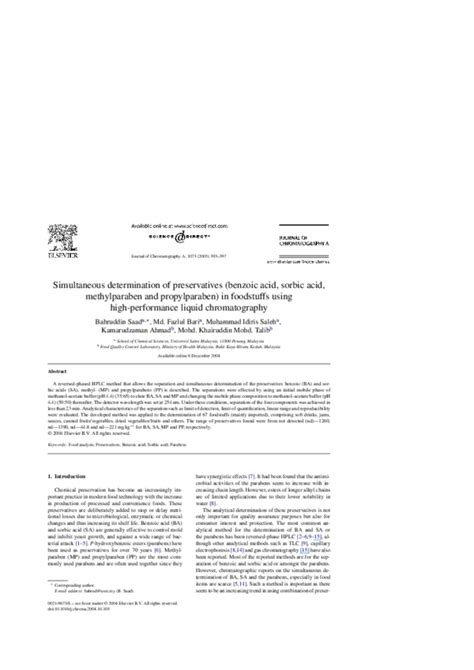 Pdf Simultaneous Determination Of Preservatives Benzoic Acid Sorbic Acid Methylparaben And