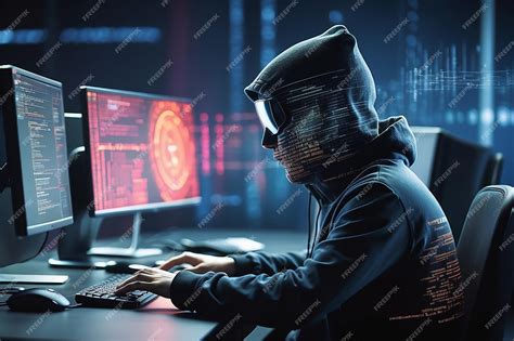 Premium Photo Side View Of Hacker Using Computers At Desk With Creative Digital Programming