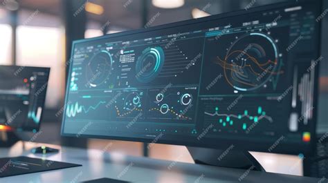 A Futuristic Computer Monitor Displaying An Abstract Network Monitoring Dashboard With Swirling