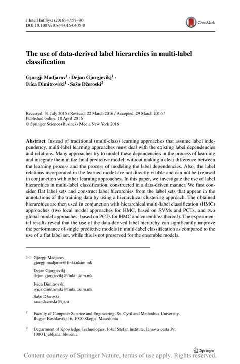The Use Of Data Derived Label Hierarchies In Multi Label Classification Request Pdf