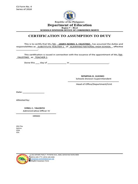 Cs Form No 4 Assumption To Duty Pdf